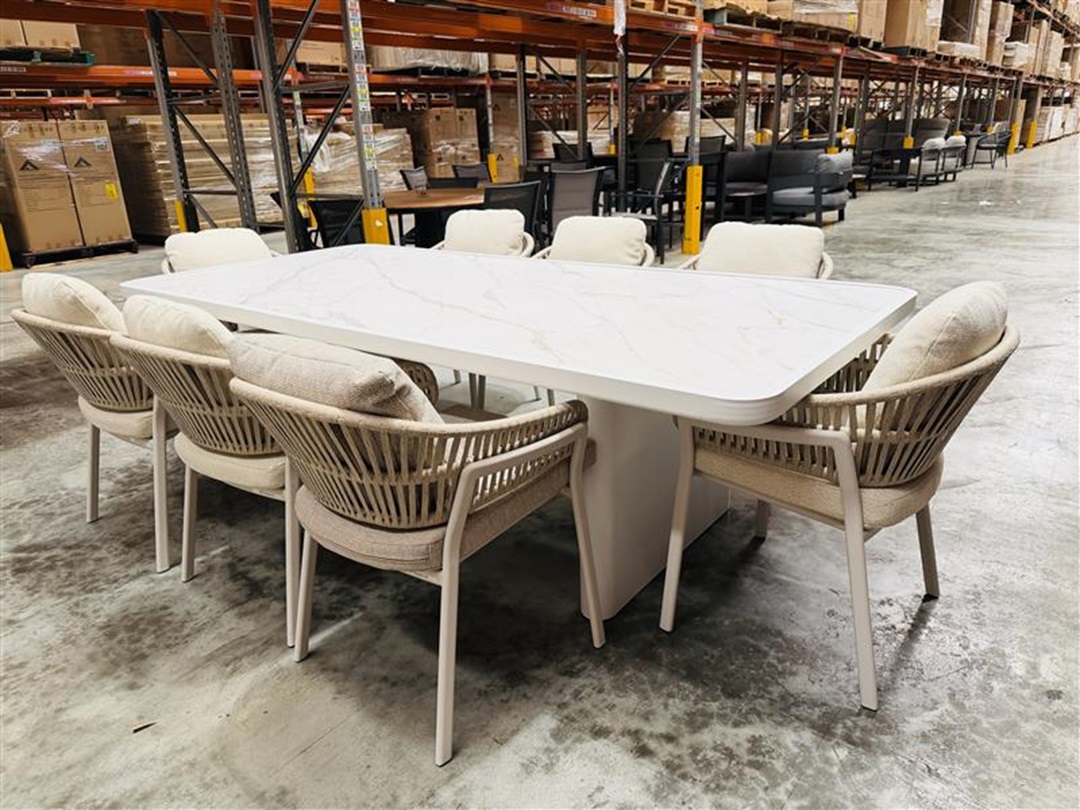 9pc Beige & White Outdoor Dining Setting - Seconds Furniture