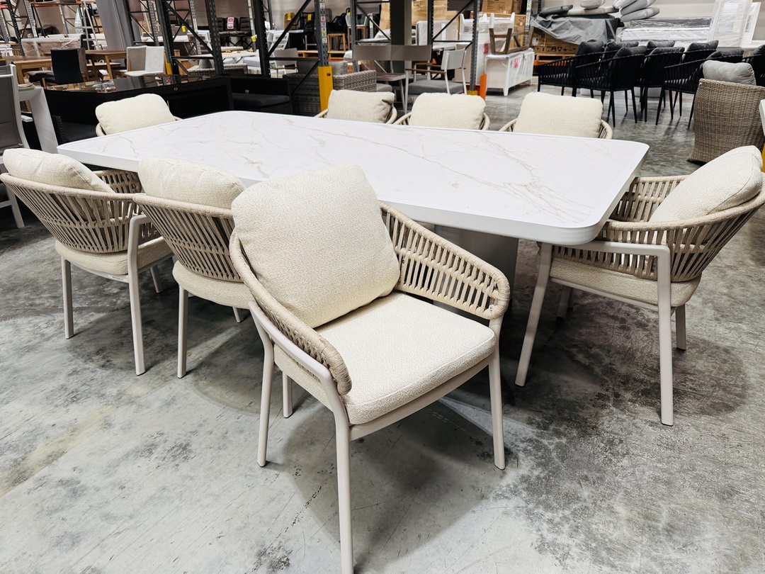 9pc Beige & White Outdoor Dining Setting - Seconds Furniture