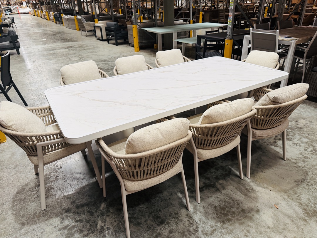 9pc Beige & White Outdoor Dining Setting - Seconds Furniture
