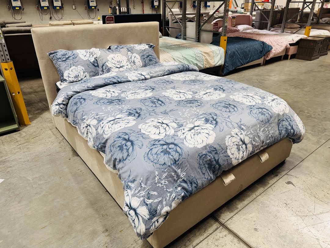 Oatmeal Fabric Queen Gaslift Bed & Mattress - Seconds Furniture