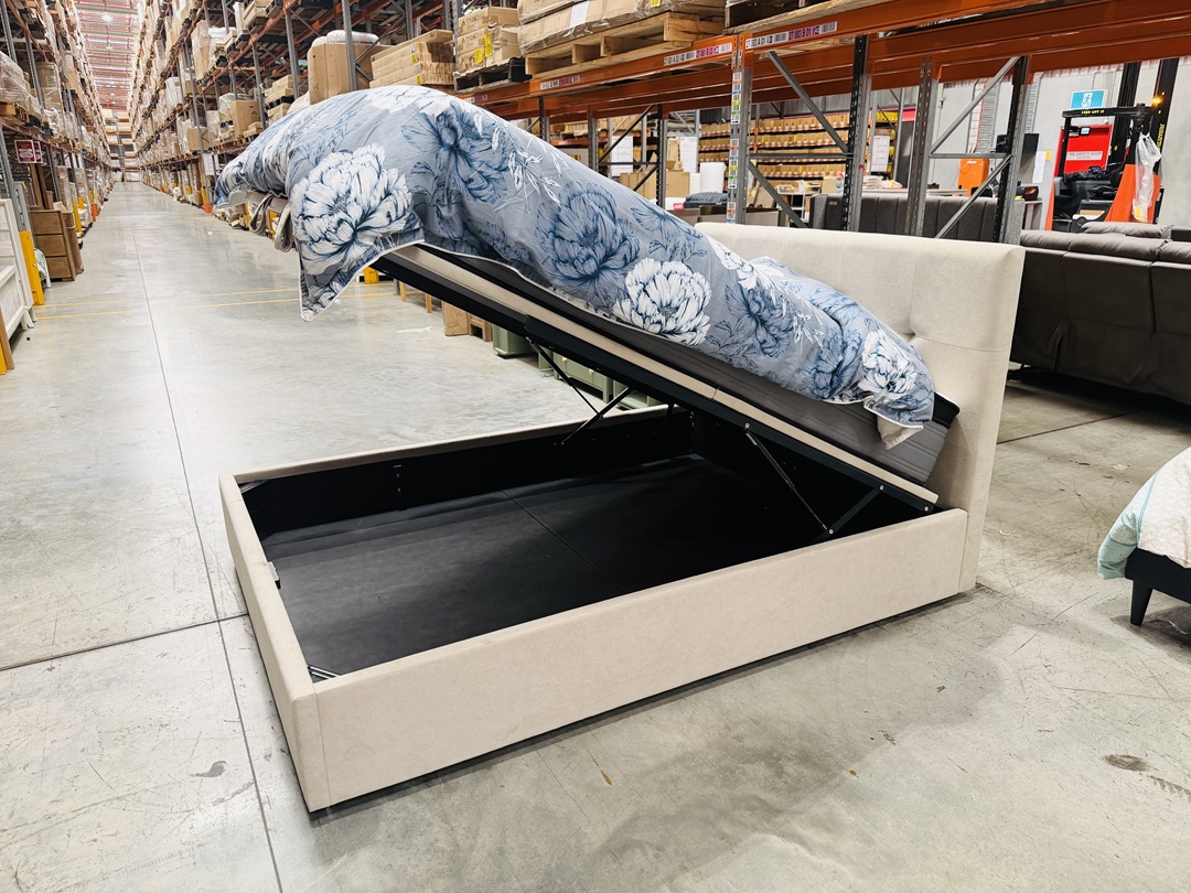 Oatmeal Fabric Queen Gaslift Bed & Mattress - Seconds Furniture